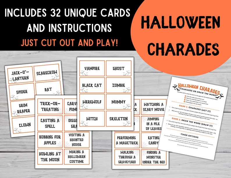 Halloween Charades Printable | Halloween Party Game | Family Game Night ...