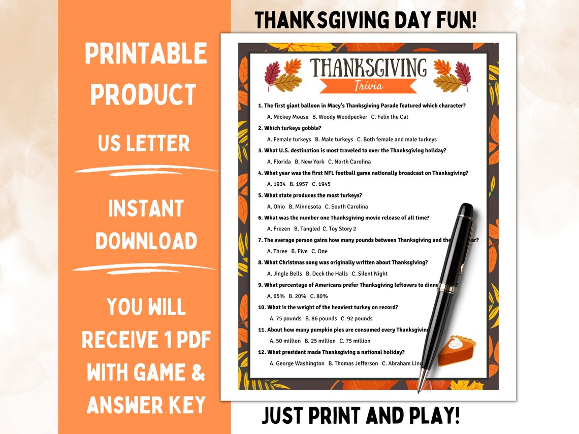 Thanksgiving Trivia Game Multiple Choice With Answer Key Printable ...