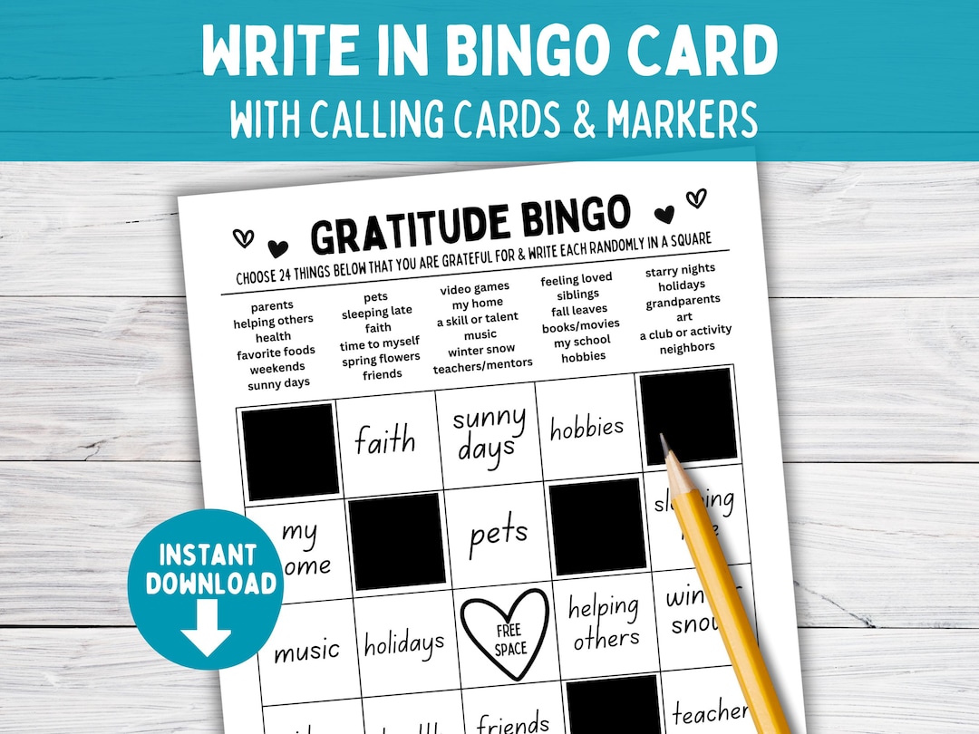 Gratitude Write-in Bingo Printable for Kids and Teens With Markers ...
