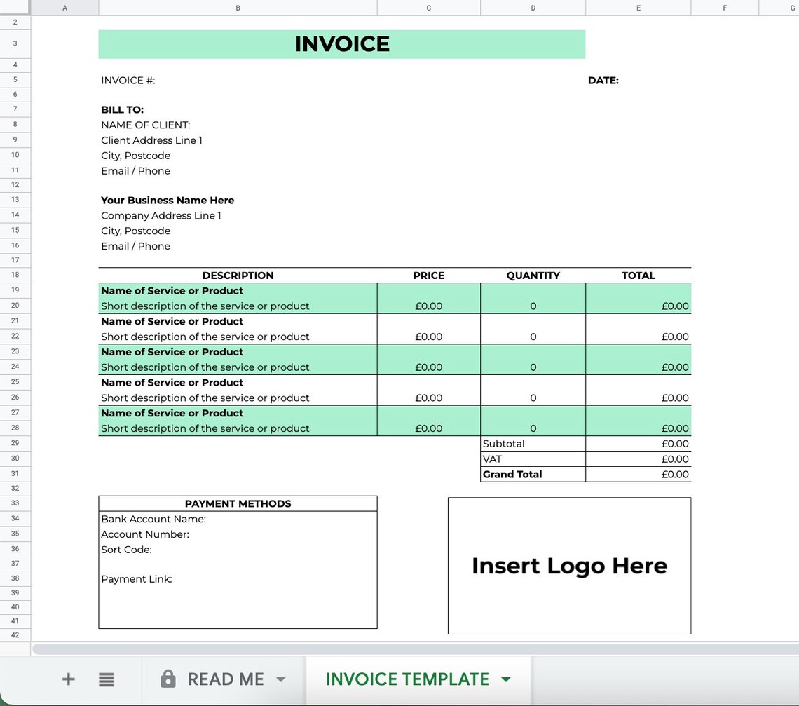 Invoice Template Google Sheets - Etsy