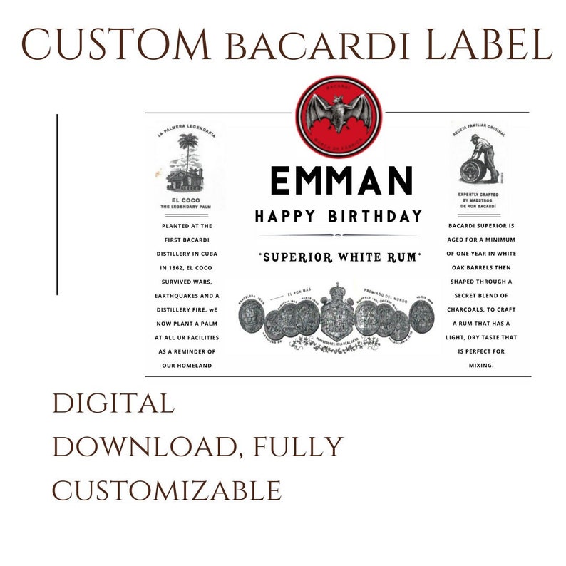 Custom Bacardi Bottle Label, Personalized Rum Label (digital Download ...