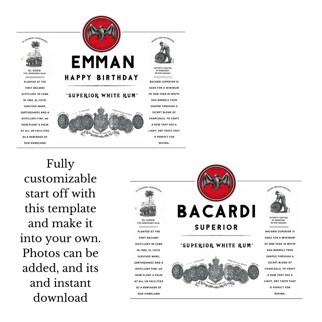 Etiqueta Bacardi personalizada, descarga digital, etiqueta Bacardi ...