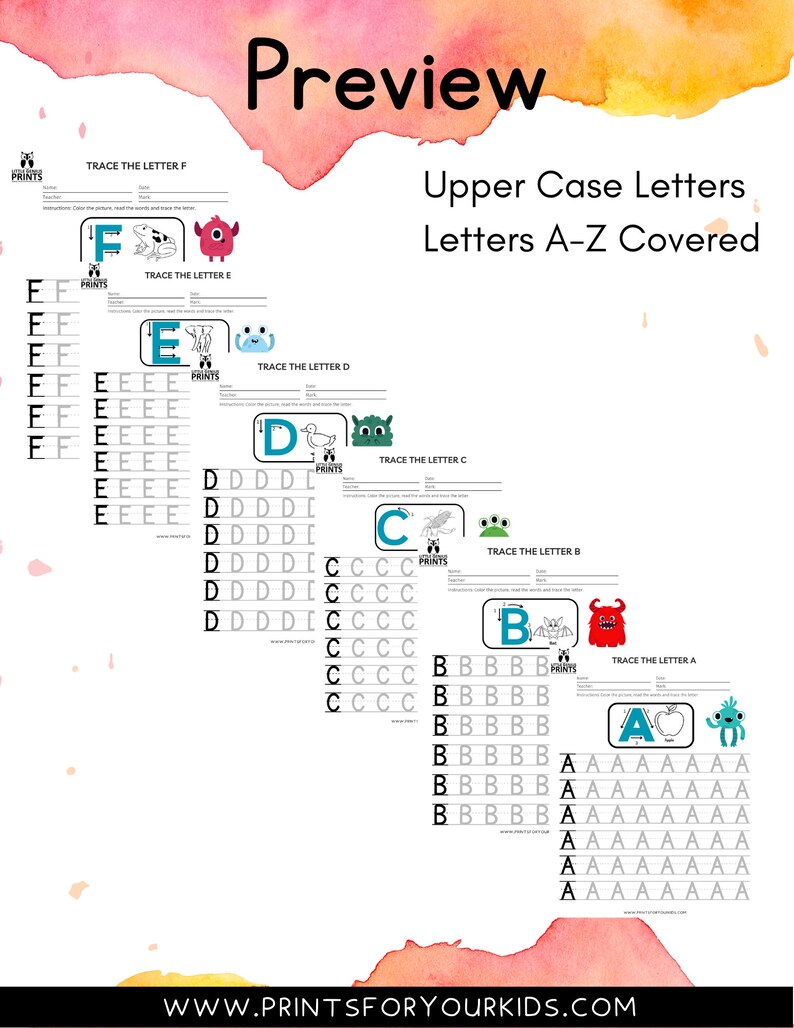 Alphabet Tracing Practice Worksheets (A-Z) Upper Case Letters, Print ...