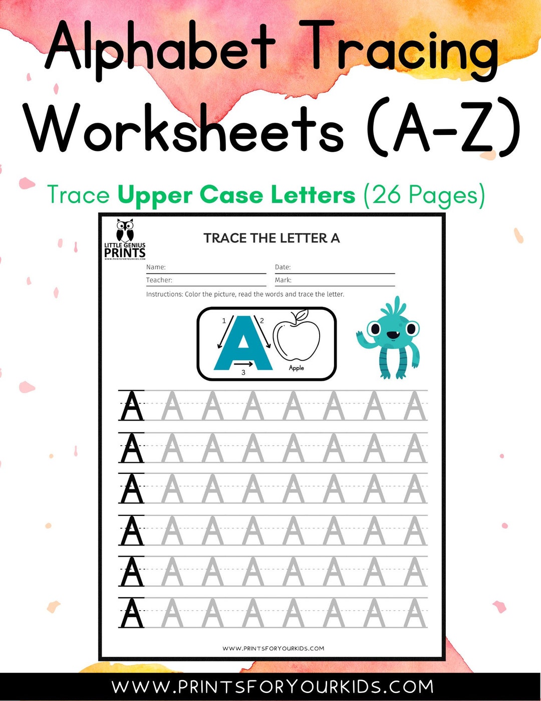 Alphabet Tracing Practice Worksheets (A-Z) Upper Case Letters, Print ...