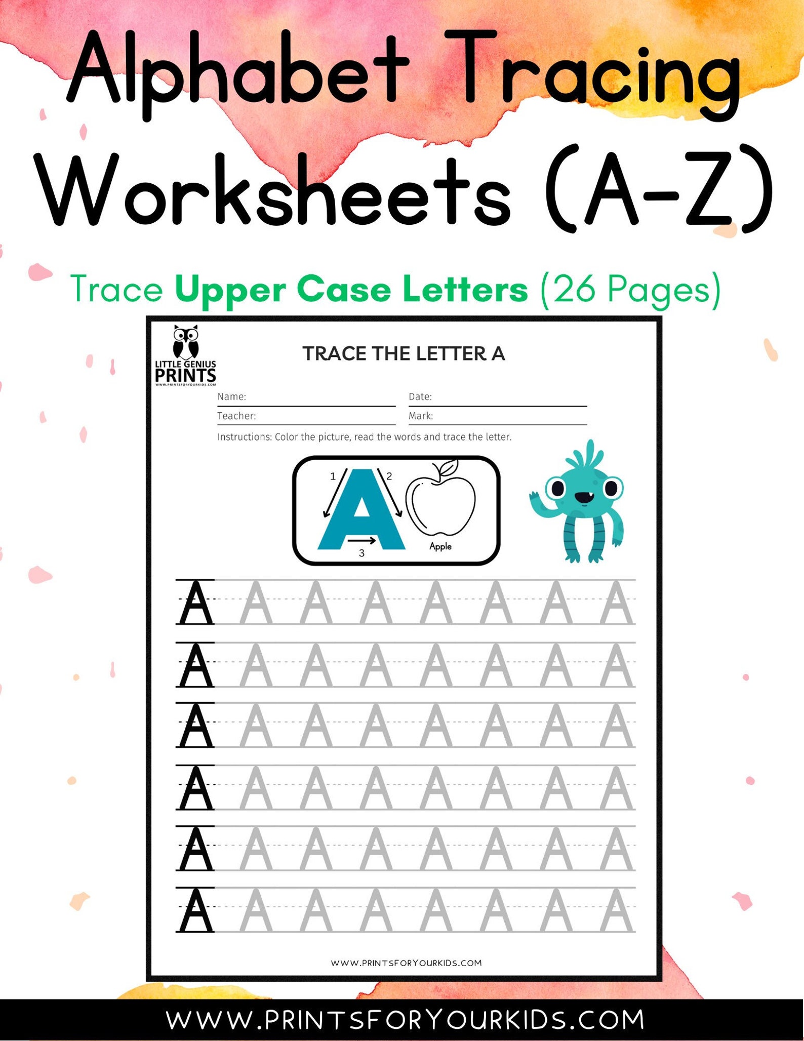 Alphabet Tracing Practice Worksheets A-Z Upper Case Letters, Print ...