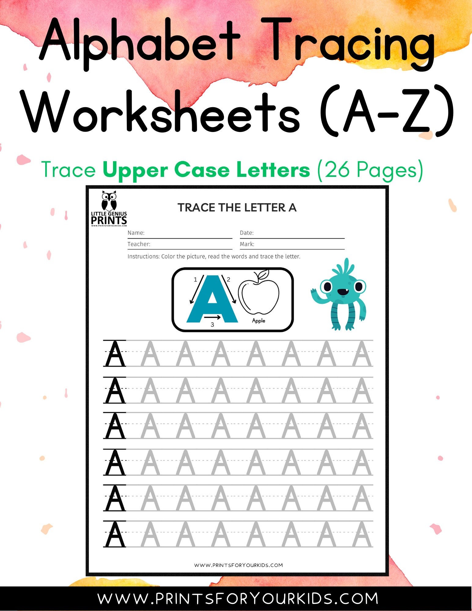 Alphabet Tracing Practice Worksheets A-Z Upper Case Letters, Print ...