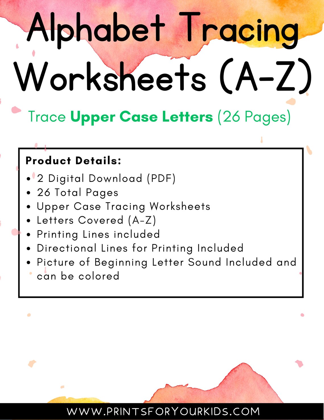 Alphabet Tracing Practice Worksheets A-Z Upper Case Letters, Print ...