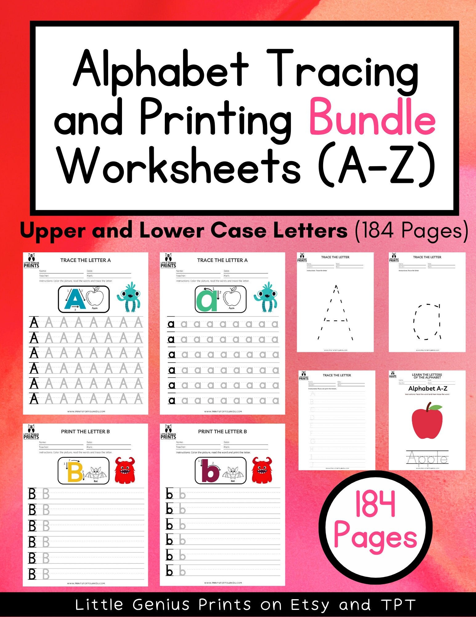 Alphabet Writing Practice Worksheets Bundle A-Z, Print Trace, Upper ...