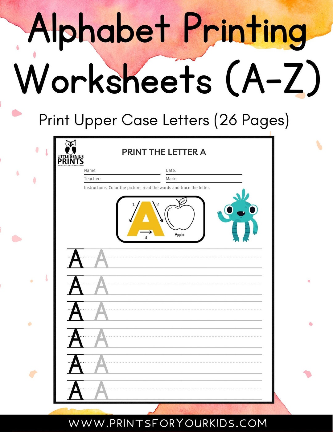 Alphabet Letters Printing Practice Worksheets (A-Z) Upper Case, Digital ...