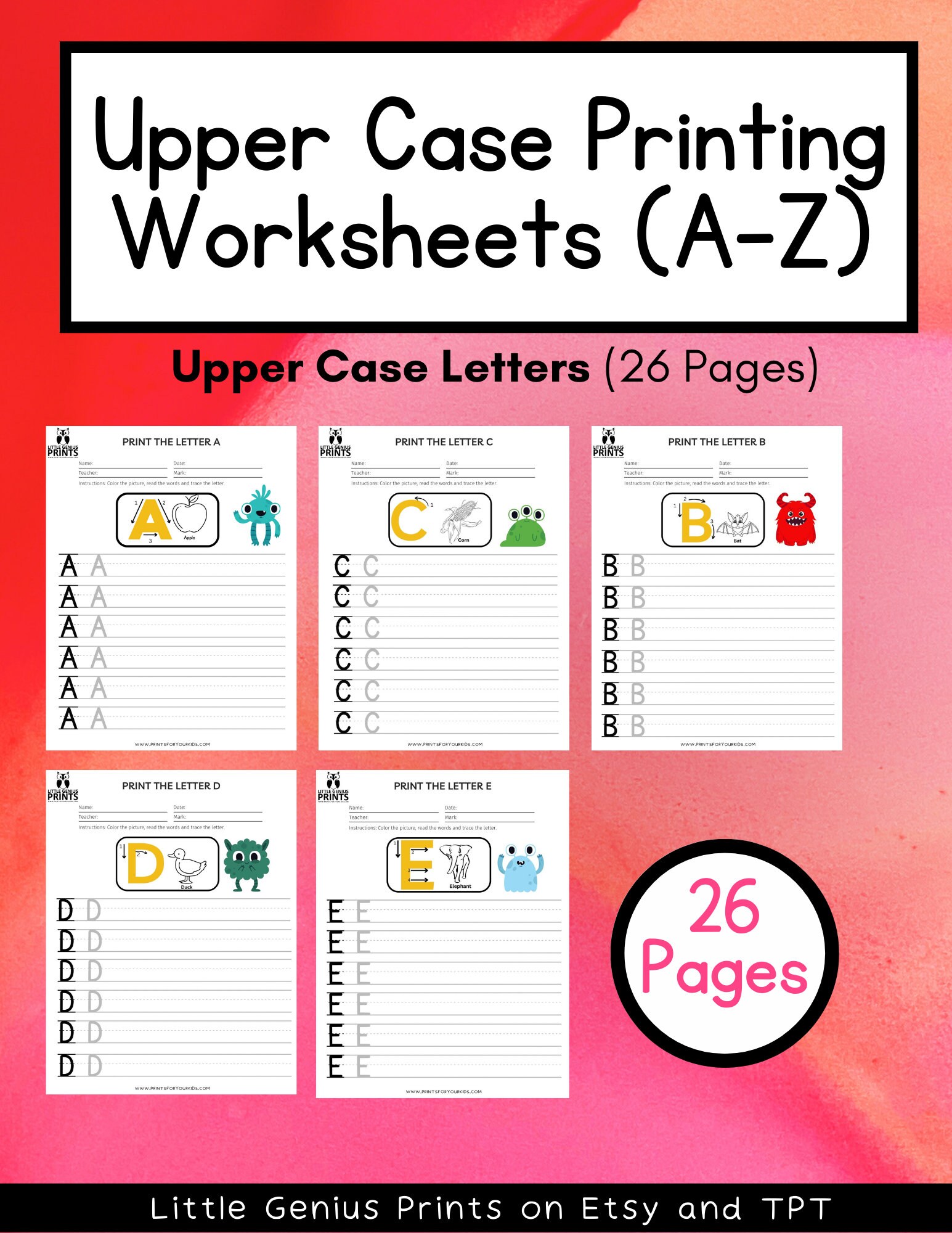 Alphabet Writing Practice Worksheets Bundle A-Z, Print Trace, Upper ...