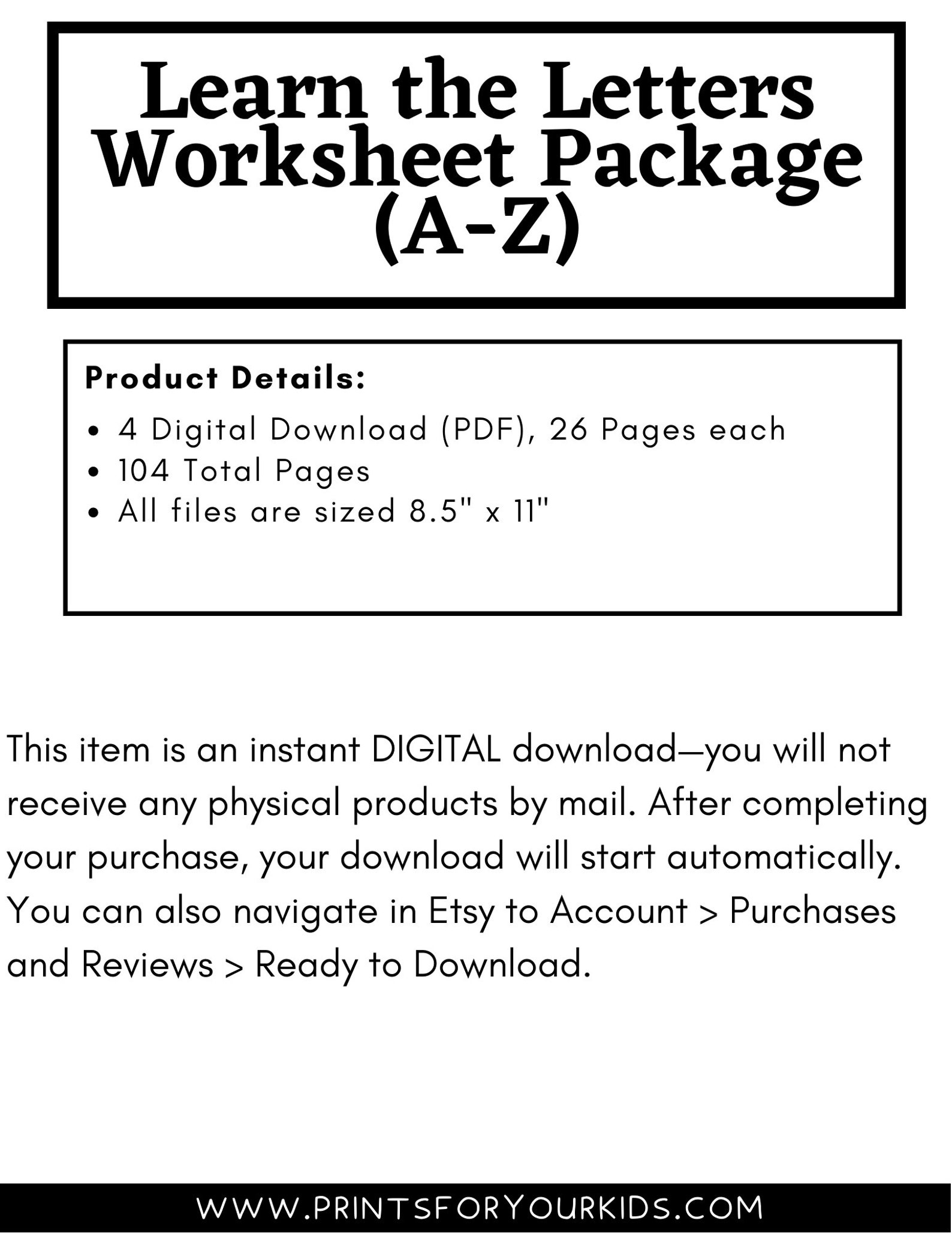 Learn the Letters, Alphabet Worksheets Package, 26 Printables A-Z, ABC ...