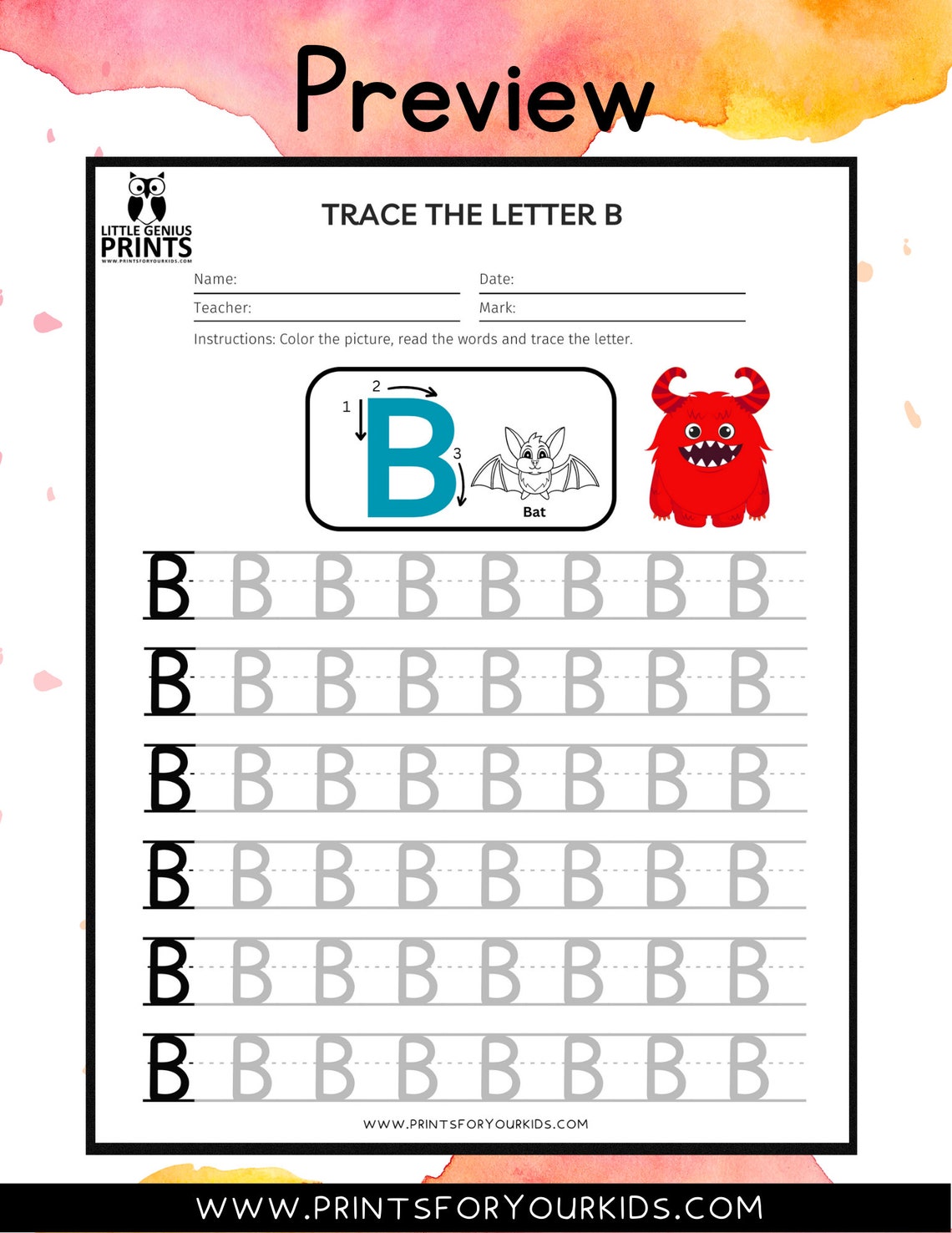 Alphabet Tracing Practice Worksheets A-Z Upper Case Letters, Print ...