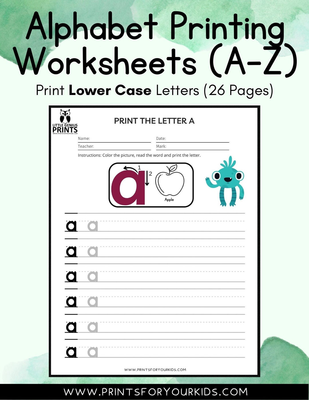 Alphabet Letters Printing Practice Worksheets (A-Z) Lower Case, Digital ...
