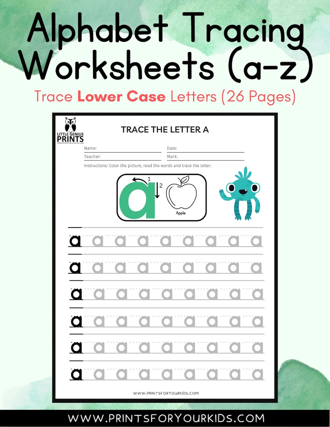Alphabet Tracing Practice Worksheets (A-Z) Lower Case Letters, Print ...