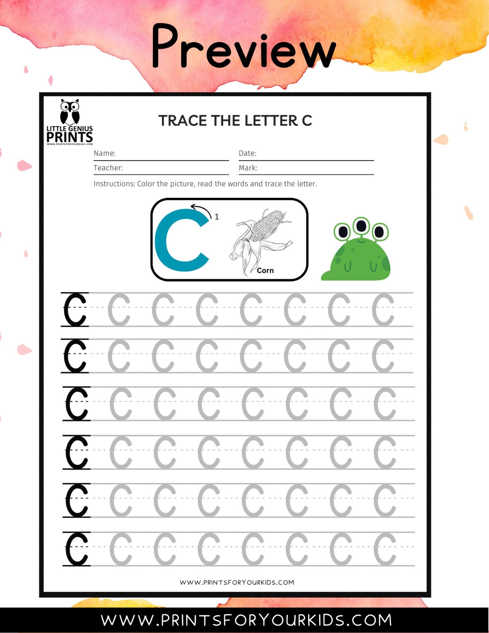 Alphabet Tracing Practice Worksheets A-Z Upper Case Letters, Print ...