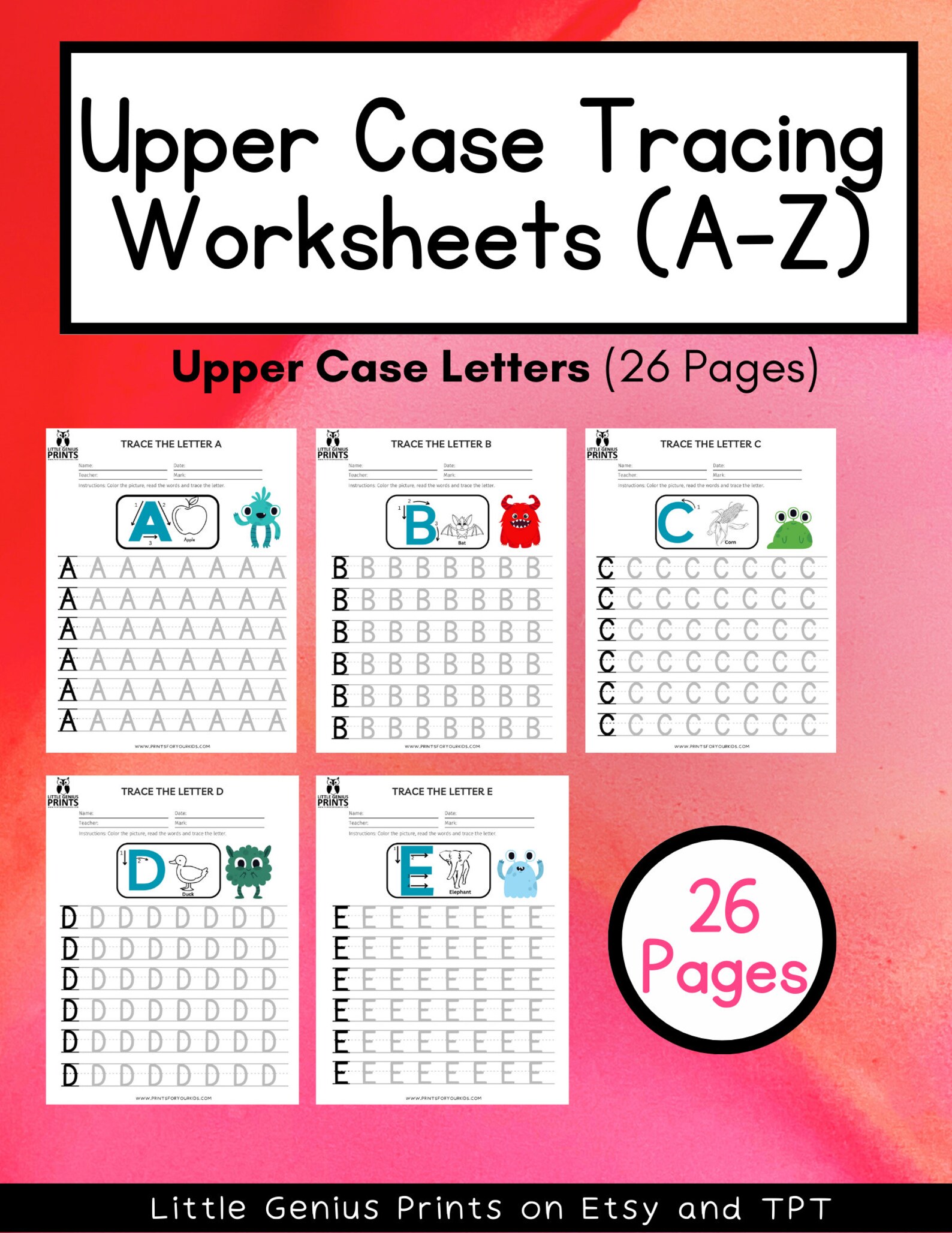 Alphabet Writing Practice Worksheets Bundle A-Z, Print Trace, Upper ...