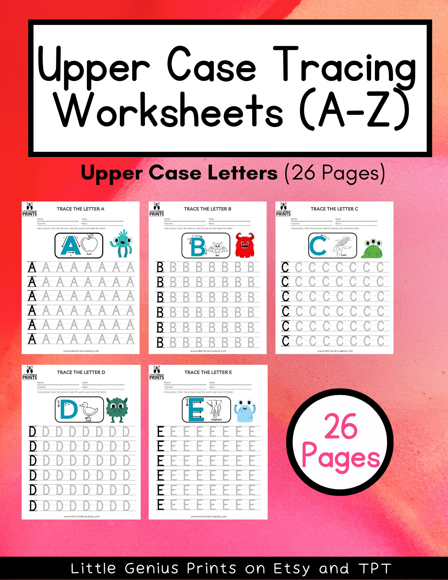 Alphabet Writing Practice Worksheets Bundle A-Z, Print Trace, Upper ...