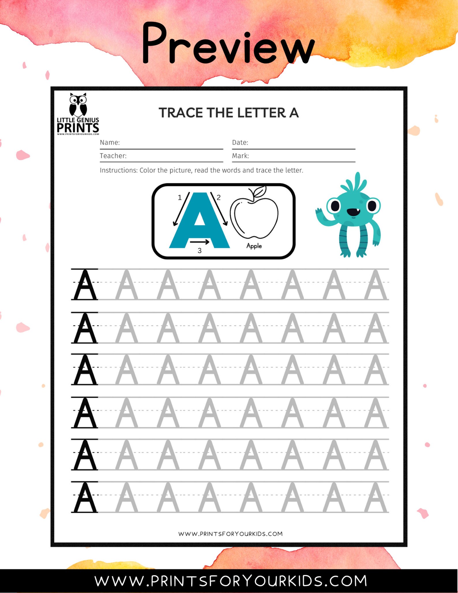 Alphabet Tracing Practice Worksheets A-Z Upper Case Letters, Print ...