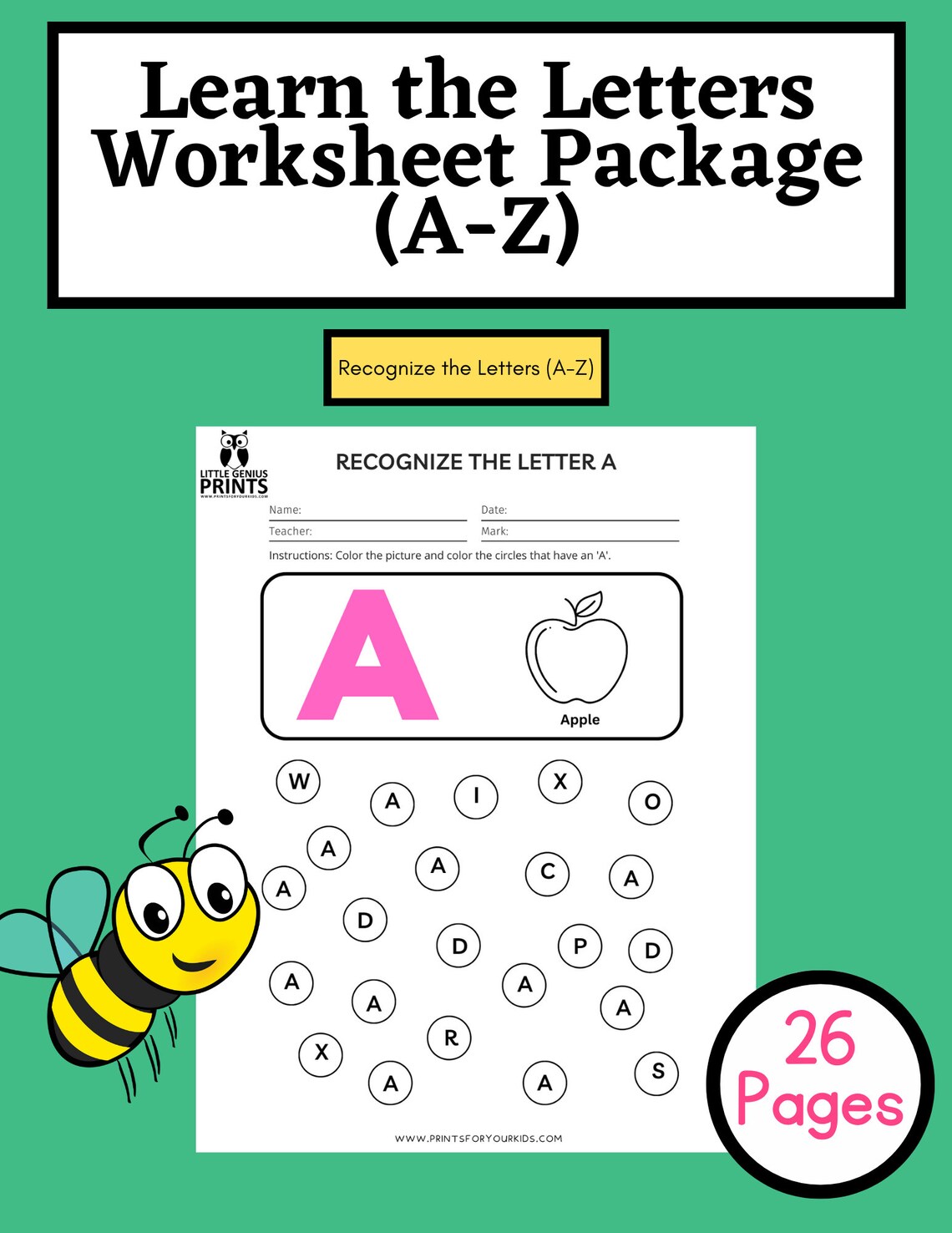 Learn the Letters, Alphabet Worksheets Package, 26 Printables A-Z, ABC ...
