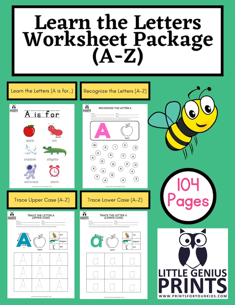 Learn the Letters, Alphabet Worksheets Package, 26 Printables A-Z, ABC ...