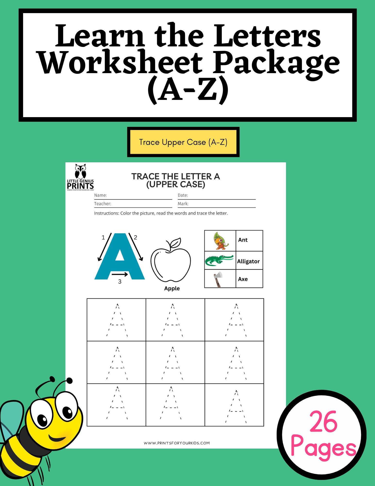 Learn the Letters, Alphabet Worksheets Package, 26 Printables A-Z, ABC ...