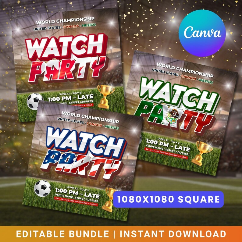 2026 Soccer Watch Party Bundle: USA, Canada, Mexico Editable Canva ...