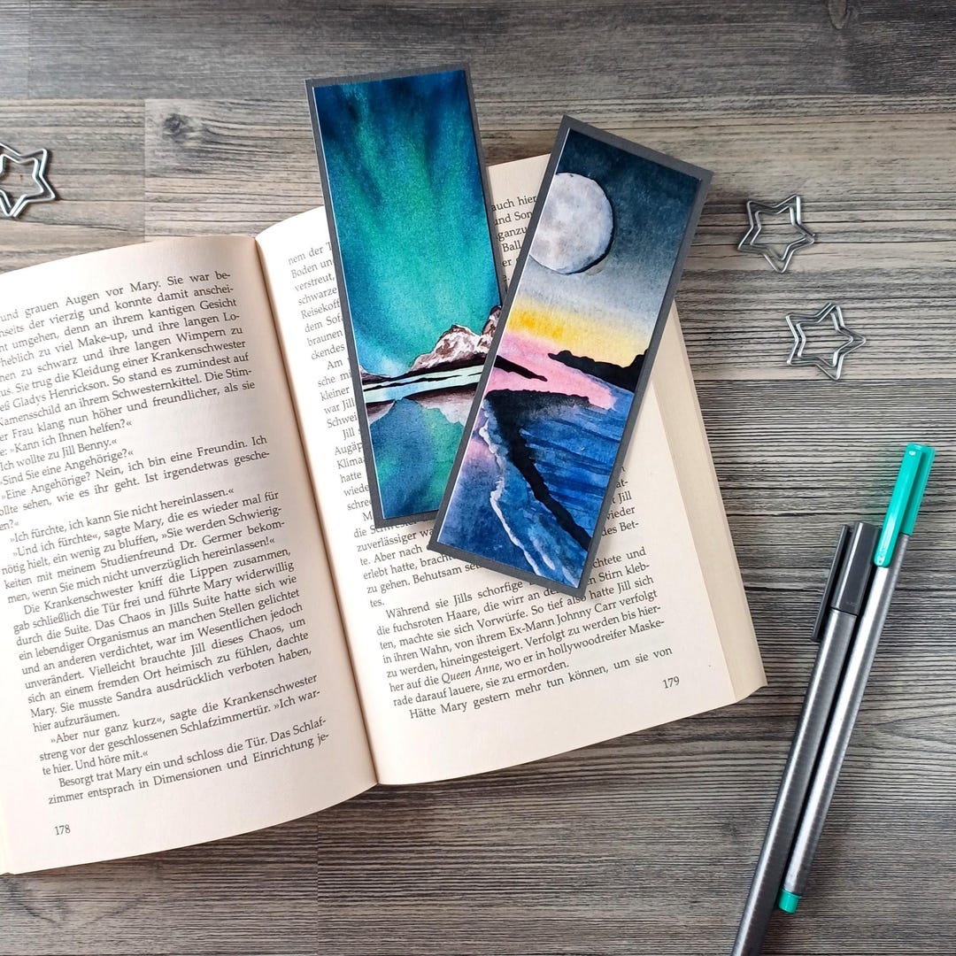 Set of 2 Handmade Watercolor Bookmarks Northern Lights / Gift Souvenir ...