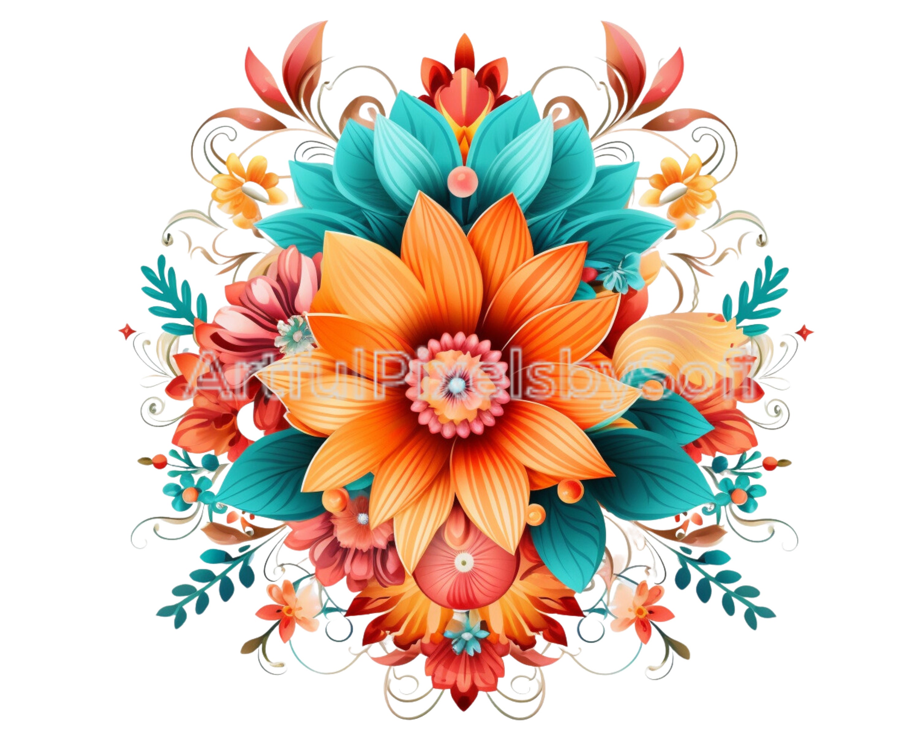 6 Colorful Boho Mandala Flower Clipart, 406 DPI, Mandala Flower PNG, 6 ...