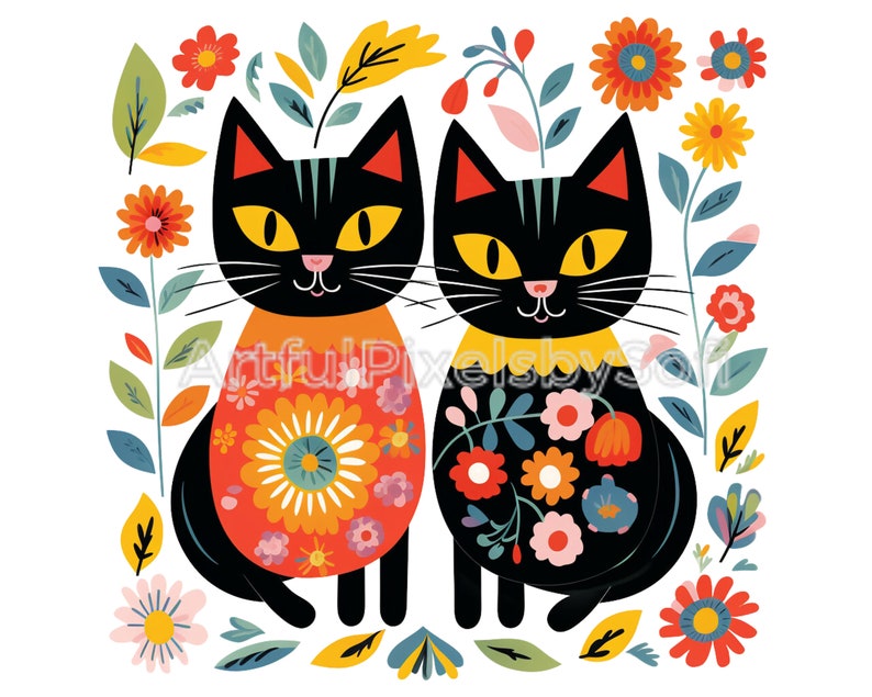 7 Cute Boho Cat Couple Clipart, 7 Designs, 406 DPI, Printable,no ...