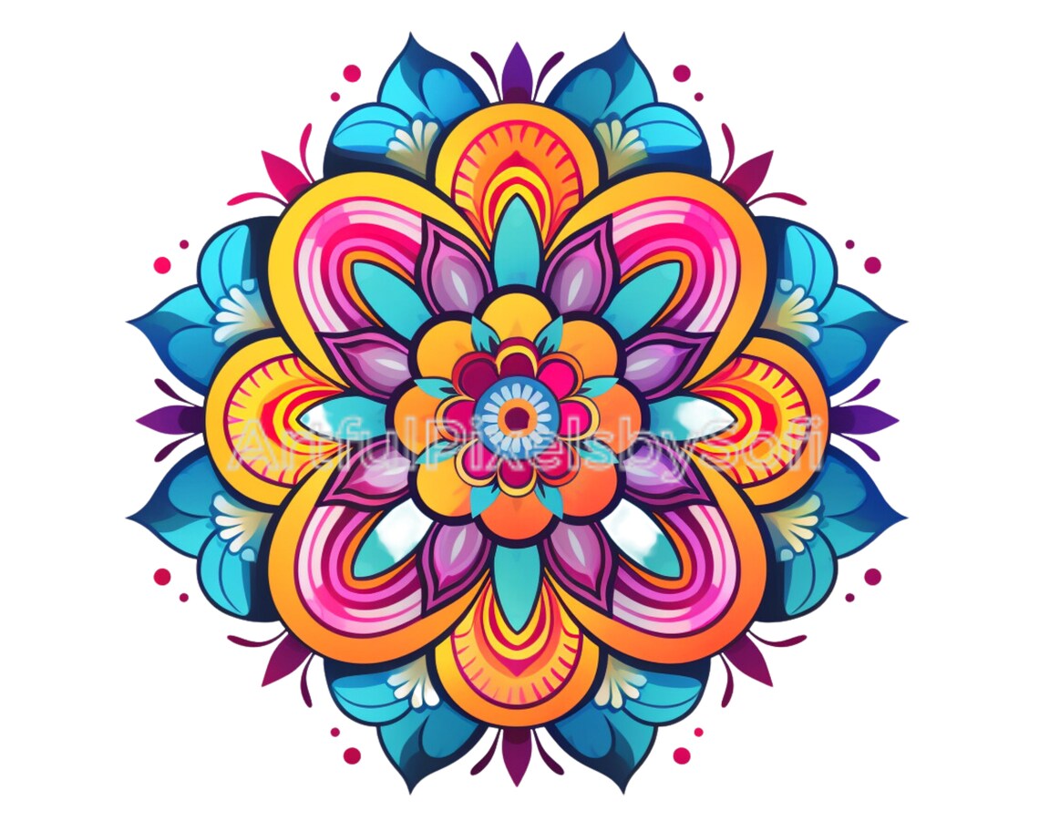 6 Colorful Boho Mandala Flower Clipart, 406 DPI, Mandala Flower PNG, 6 ...
