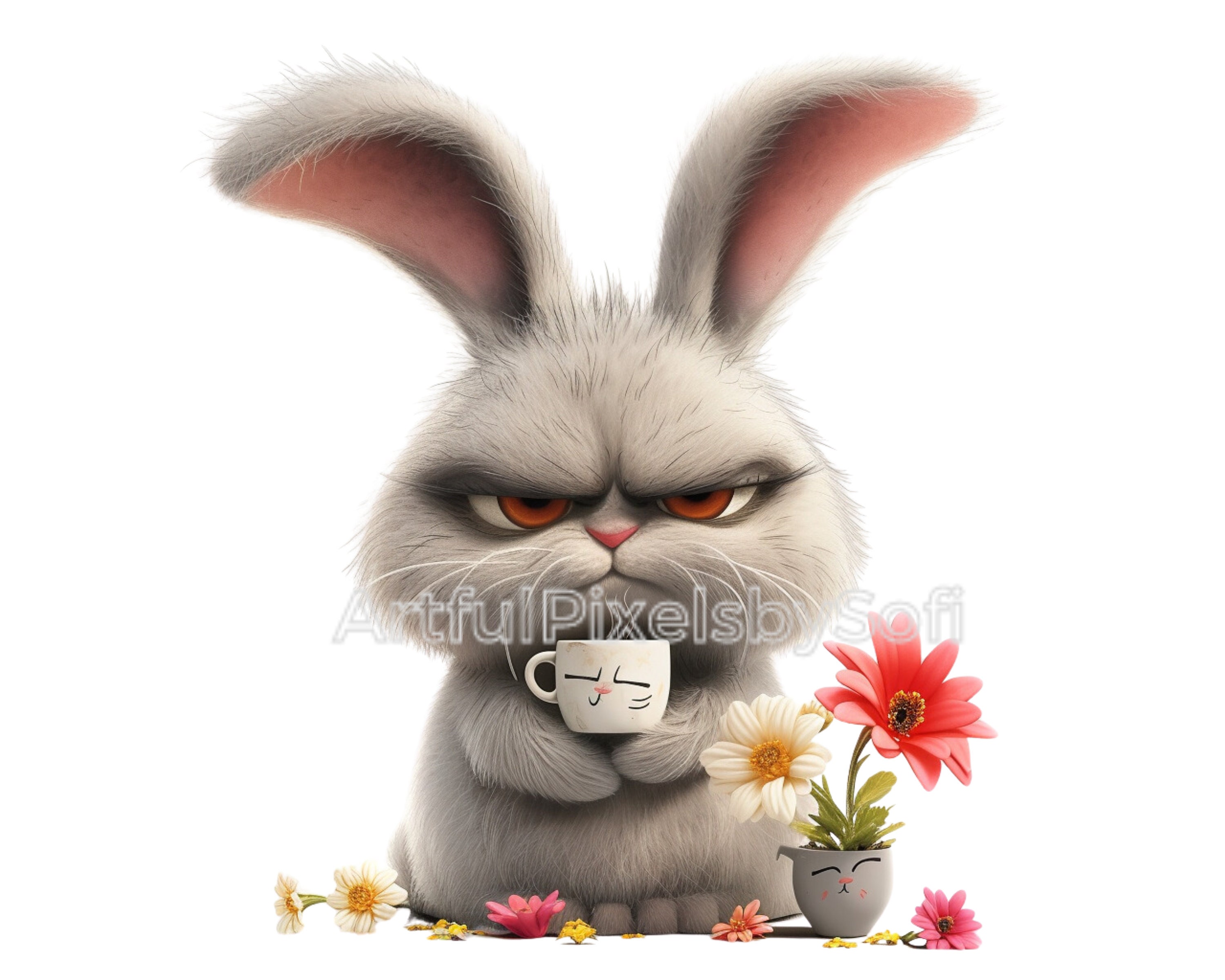 13 Grumpy Coffee Rabbit Clipart, 13 Designs, 406 DPI, Printable,no ...