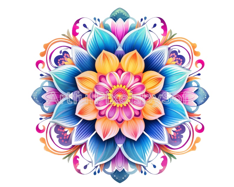 6 Colorful Boho Mandala Flower Clipart, 406 DPI, Mandala Flower PNG, 6 ...