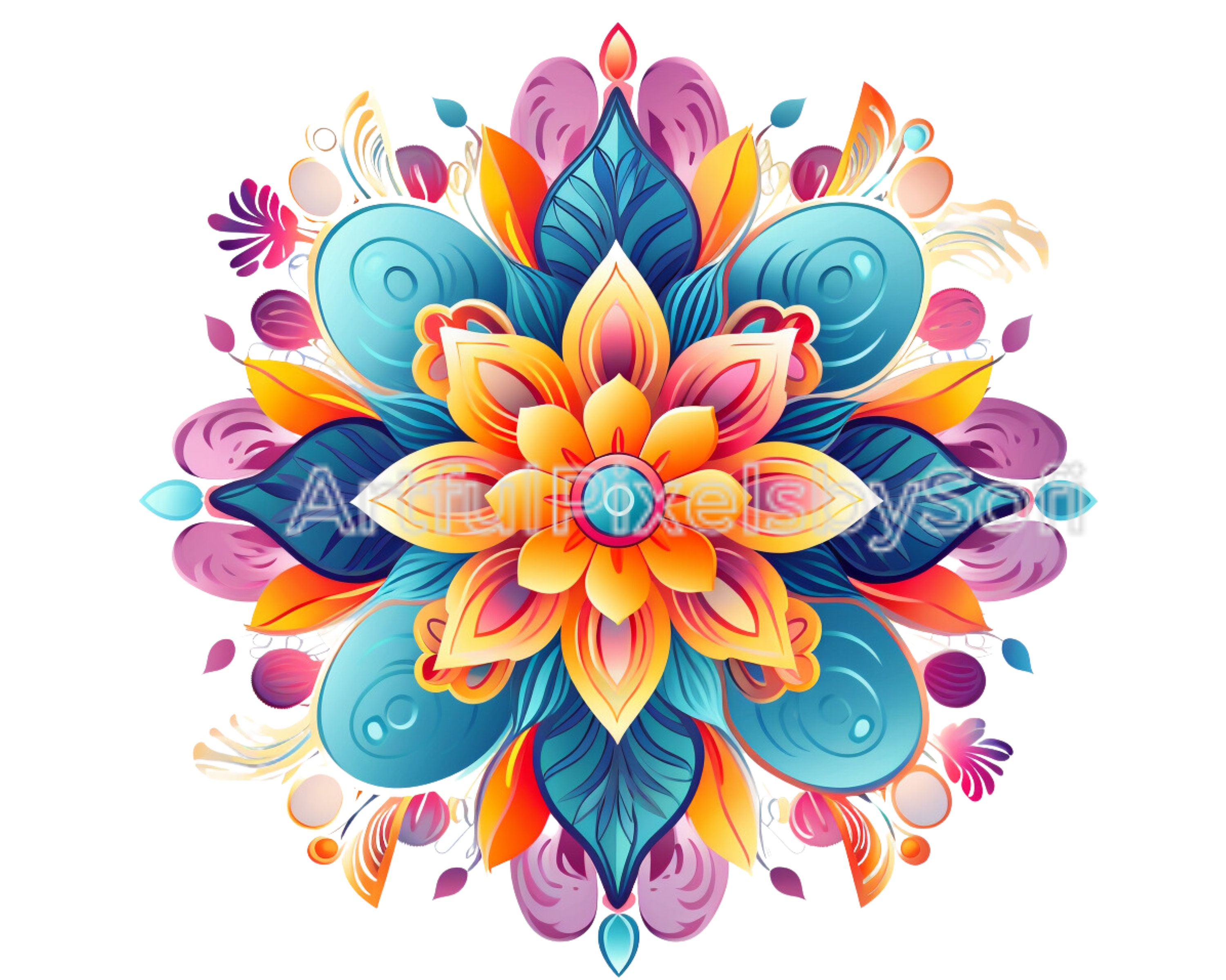 6 Colorful Boho Mandala Flower Clipart, 406 DPI, Mandala Flower PNG, 6 ...