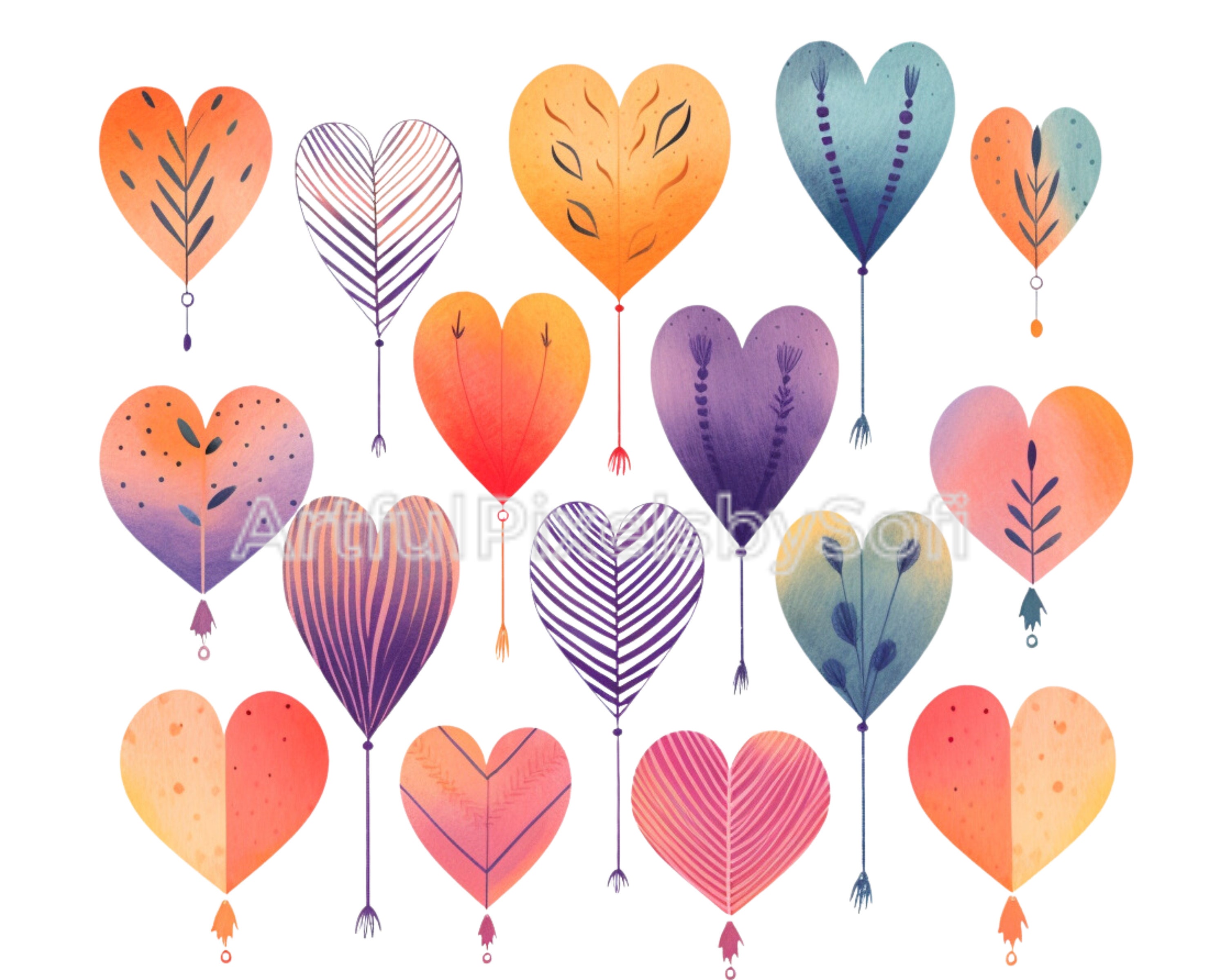 9 Colorful Hearts Clipart Boho Leaf Hearts PNG 9 Designs - Etsy