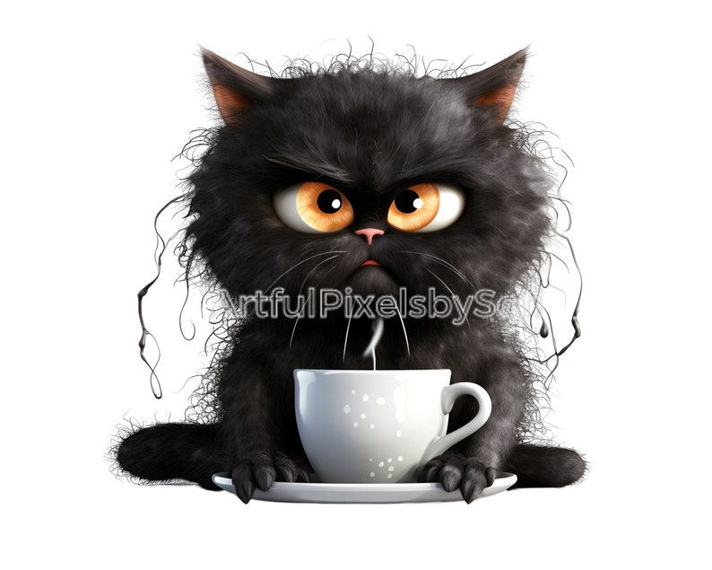 Grumpy Morning Coffee Cat Clipart 11 Designs 406 DPI Cat - Etsy