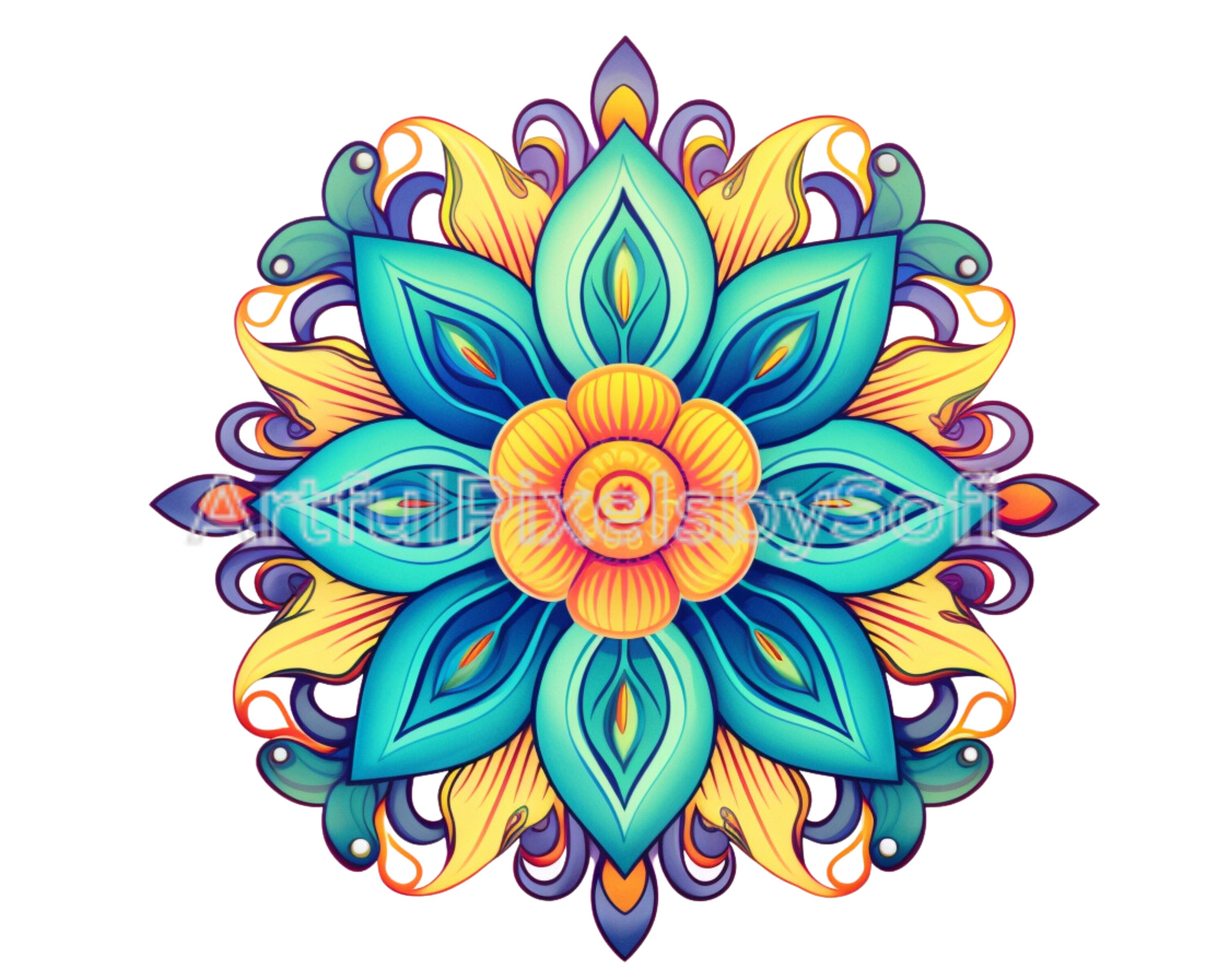 6 Colorful Boho Mandala Flower Clipart, 406 DPI, Mandala Flower PNG, 6 ...