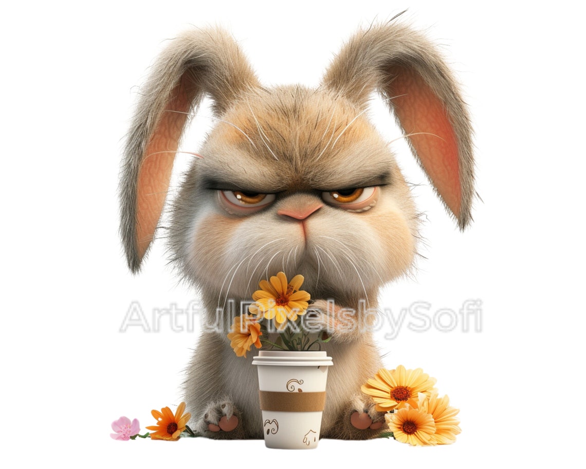 13 Grumpy Coffee Rabbit Clipart, 13 Designs, 406 DPI, Printable,no ...