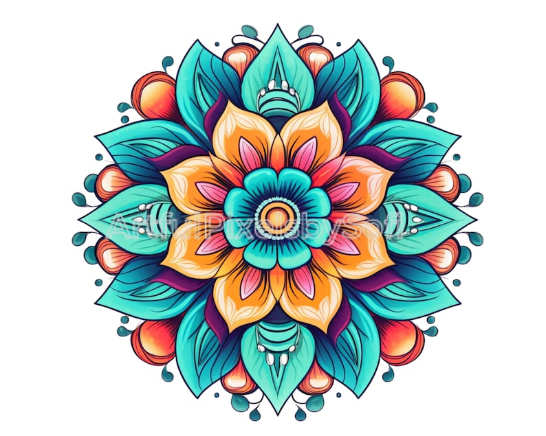 6 Colorful Boho Mandala Flower Clipart, 406 DPI, Mandala Flower PNG, 6 ...