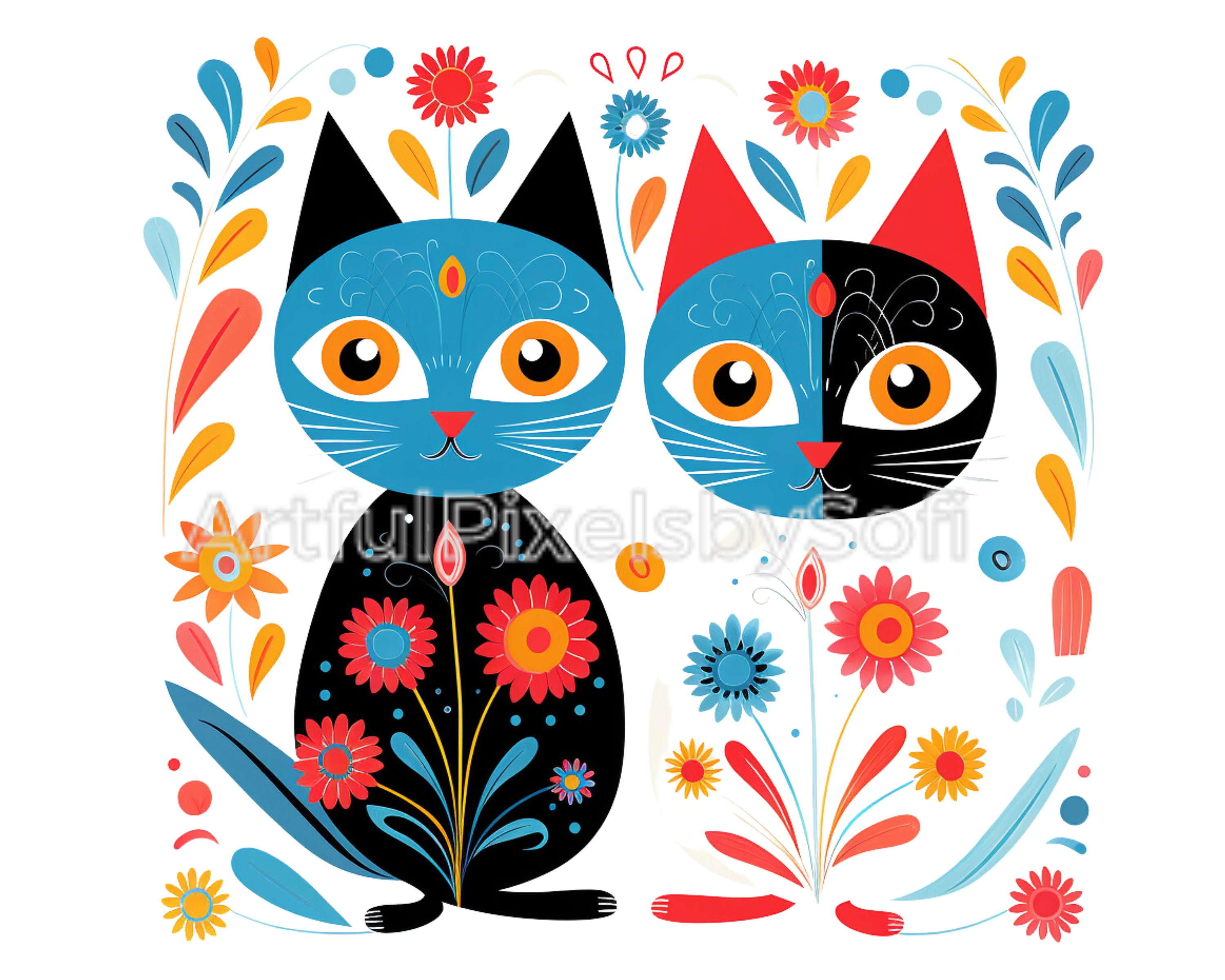7 Cute Boho Cat Couple Clipart, 7 Designs, 406 DPI, Printable,no ...