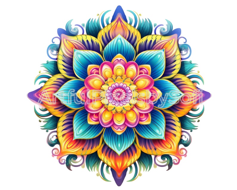 6 Colorful Boho Mandala Flower Clipart, 406 DPI, Mandala Flower PNG, 6 ...