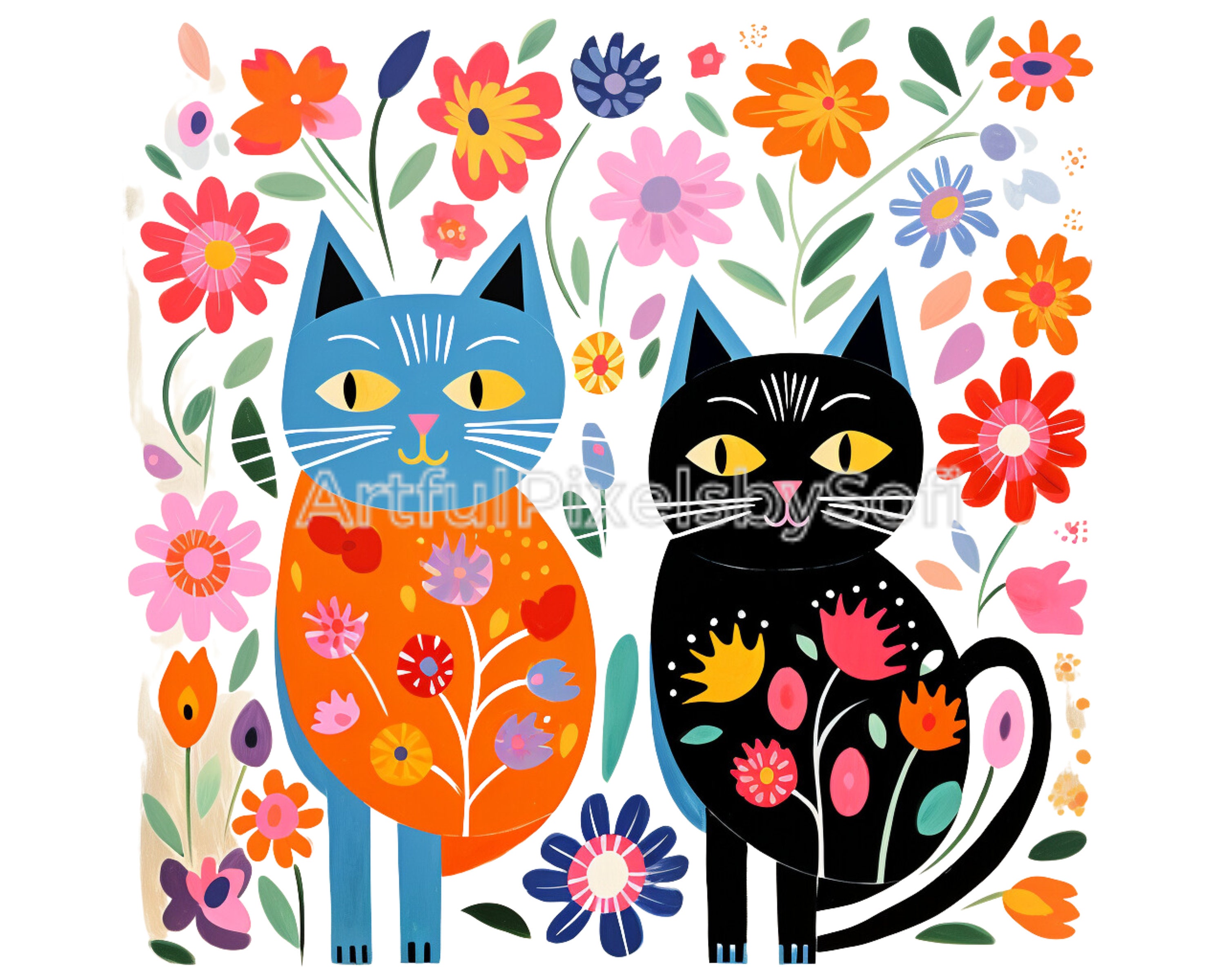 7 Cute Boho Cat Couple Clipart, 7 Designs, 406 DPI, Printable,no ...