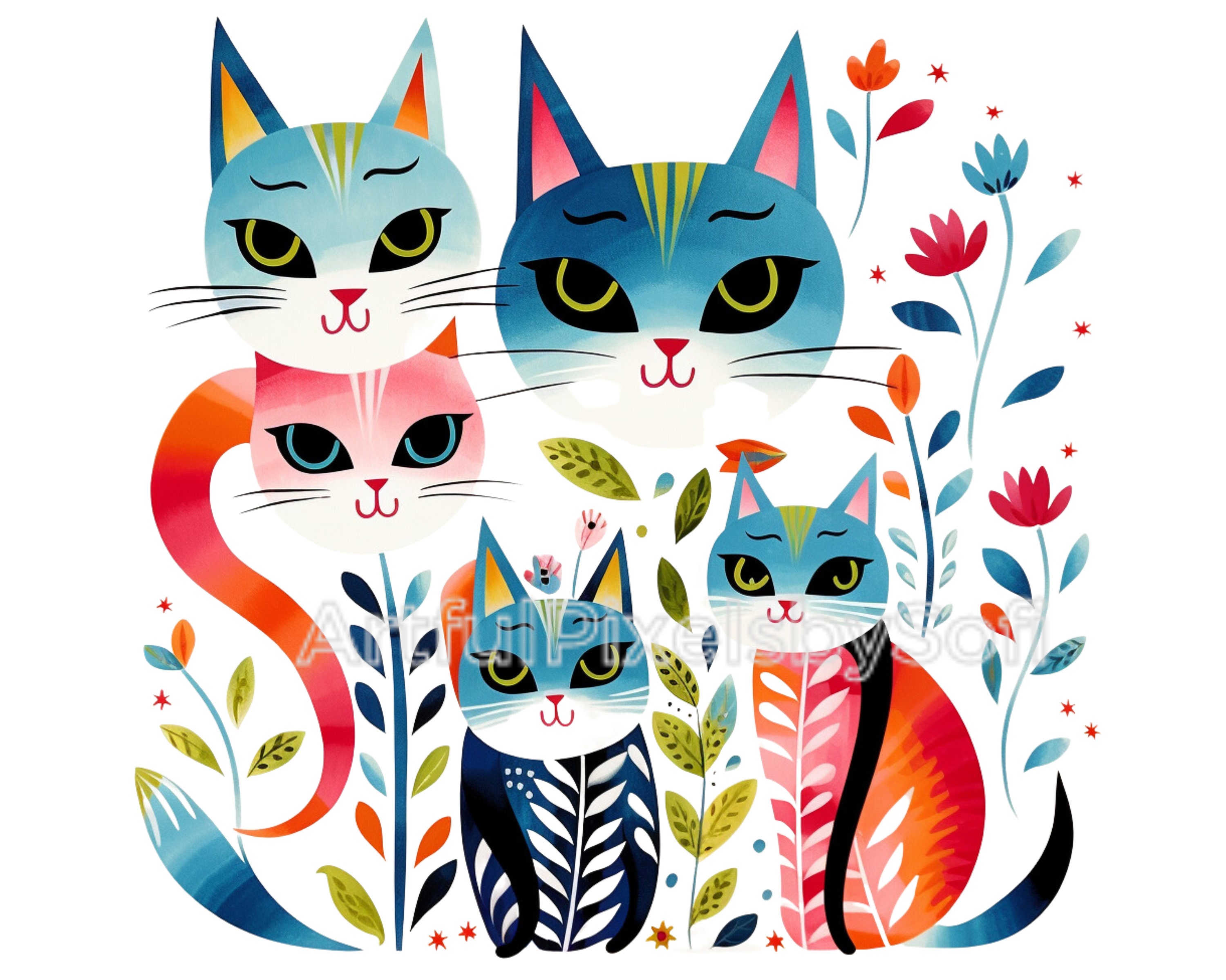 8 Cute Boho Family Cat Clipart, 8 Designs, 406 DPI, Printable,no ...