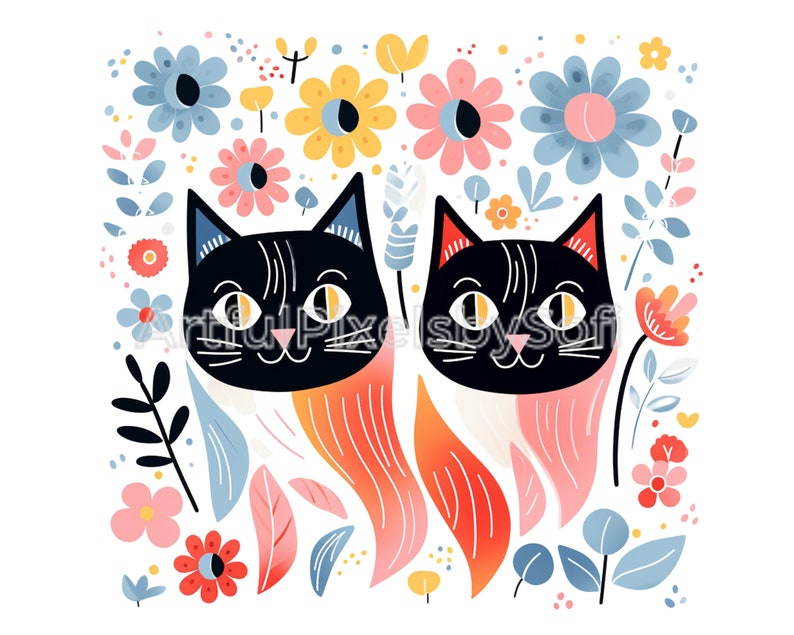 7 Cute Boho Cat Couple Clipart, 7 Designs, 406 DPI, Printable,no ...