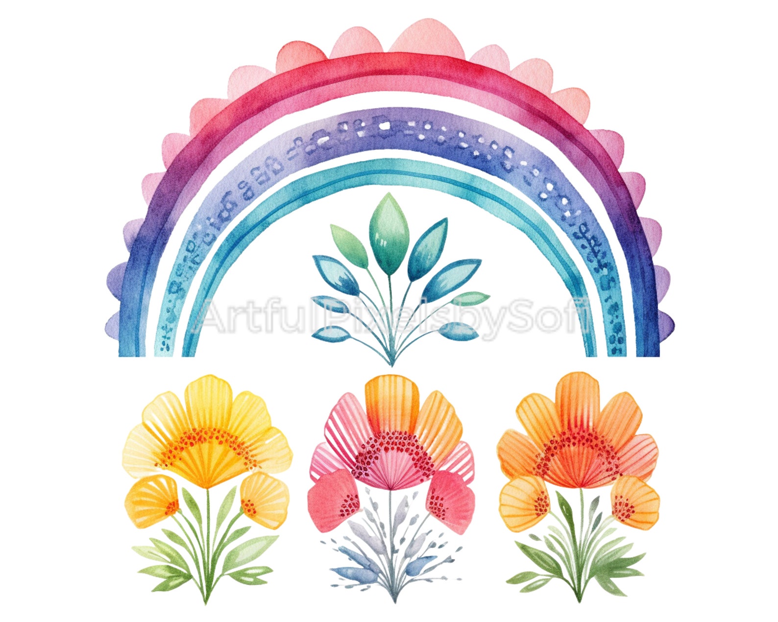 7 Colorful Boho Rainbow Flower Clipart, Rainbow PNG, 7 Designs, 406 DPI ...