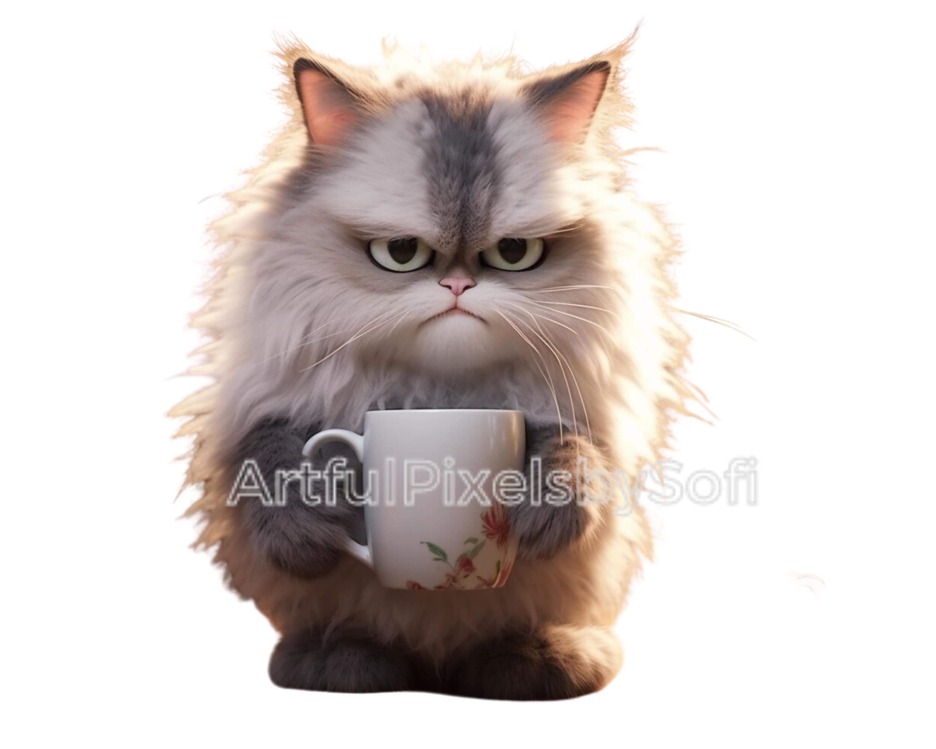 Fluffy Grumpy Coffe Cat Clipart, 10 Designs, 406 DPI, Printable,no ...