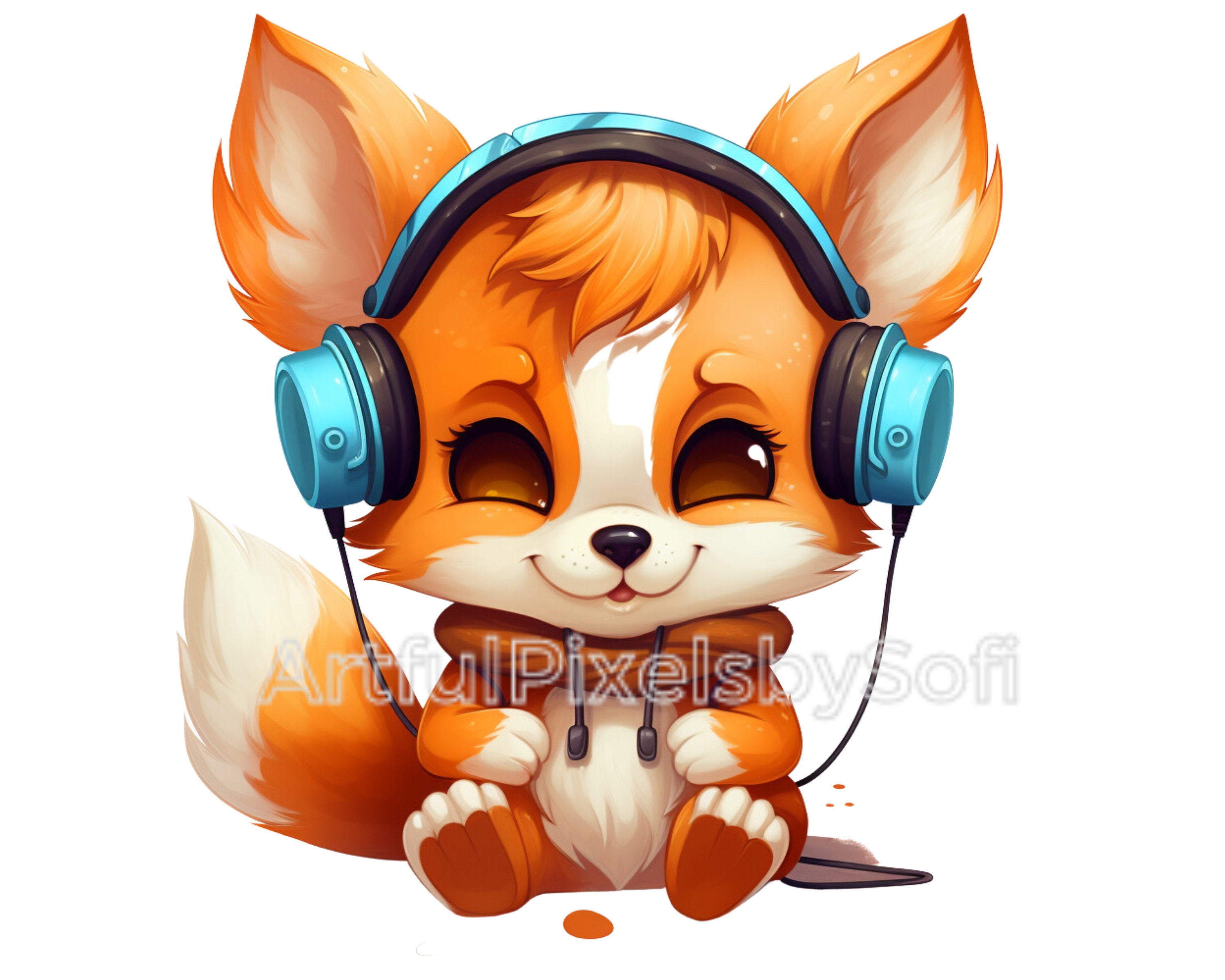 7 Fox With Headphones Clipart, 7 Designs, 406 DPI, Printable,no ...