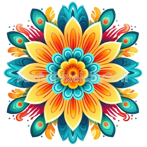 6 Colorful Boho Mandala Flower Clipart, 406 DPI, Mandala Flower PNG, 6 ...