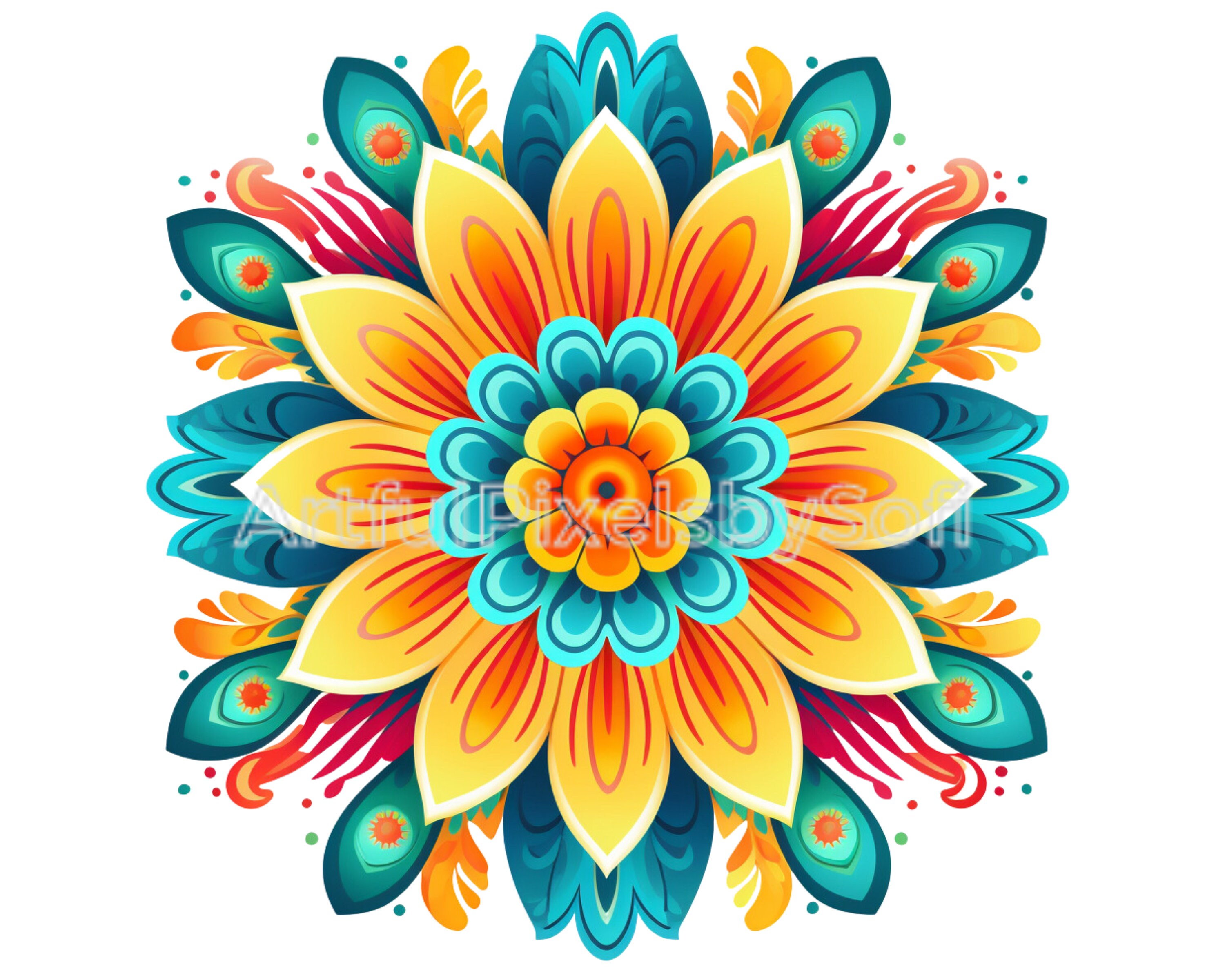6 Colorful Boho Mandala Flower Clipart, 406 DPI, Mandala Flower PNG, 6 ...
