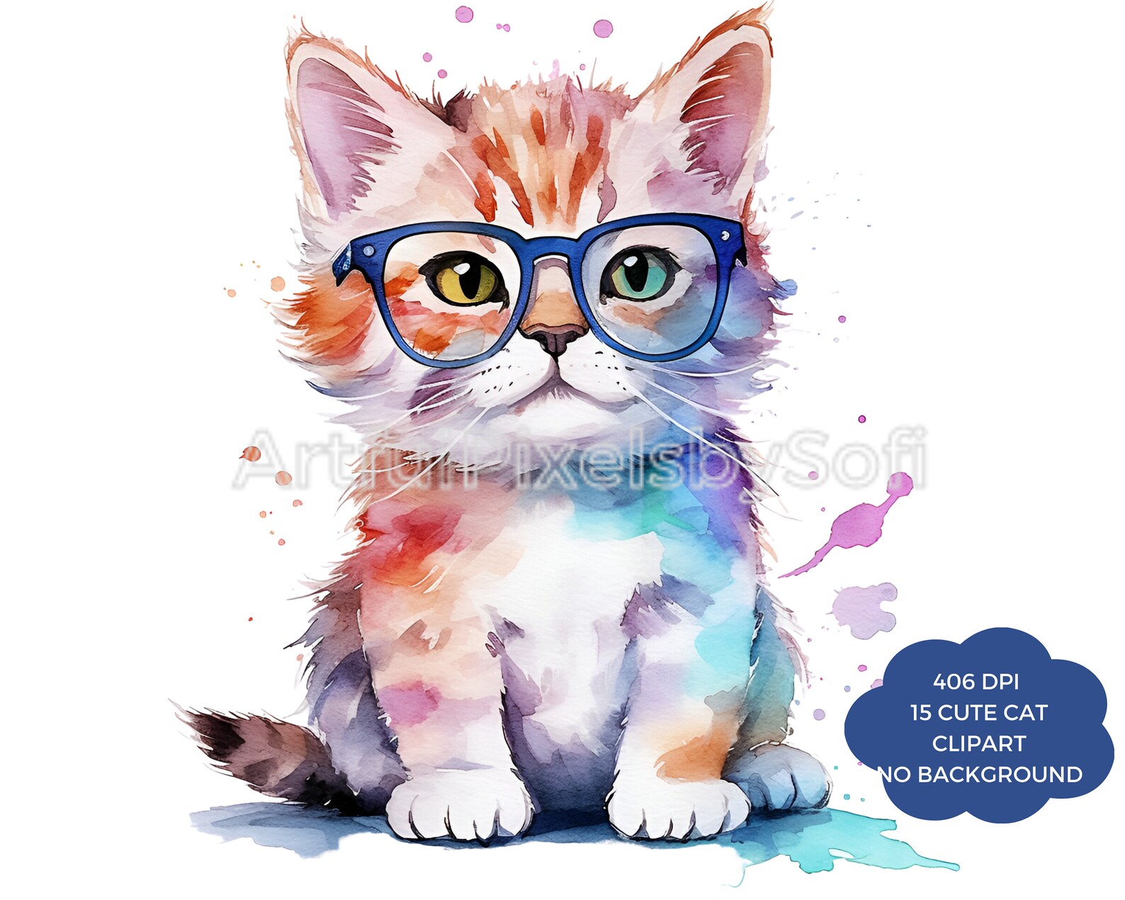 Cute Cat Watercolor Clipart Bundle, 15 High Quality Jpgs , 406 DPI ...
