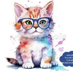 Cute Cat Watercolor Clipart Bundle, 15 High Quality Jpgs , 406 DPI ...